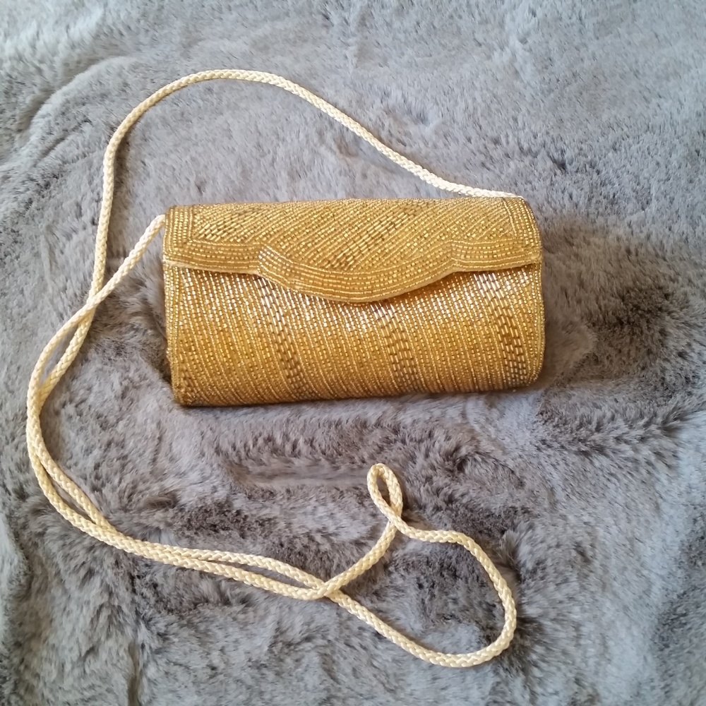 Vintage La Regale Gold Beaded Cylinder Clutch - Gem